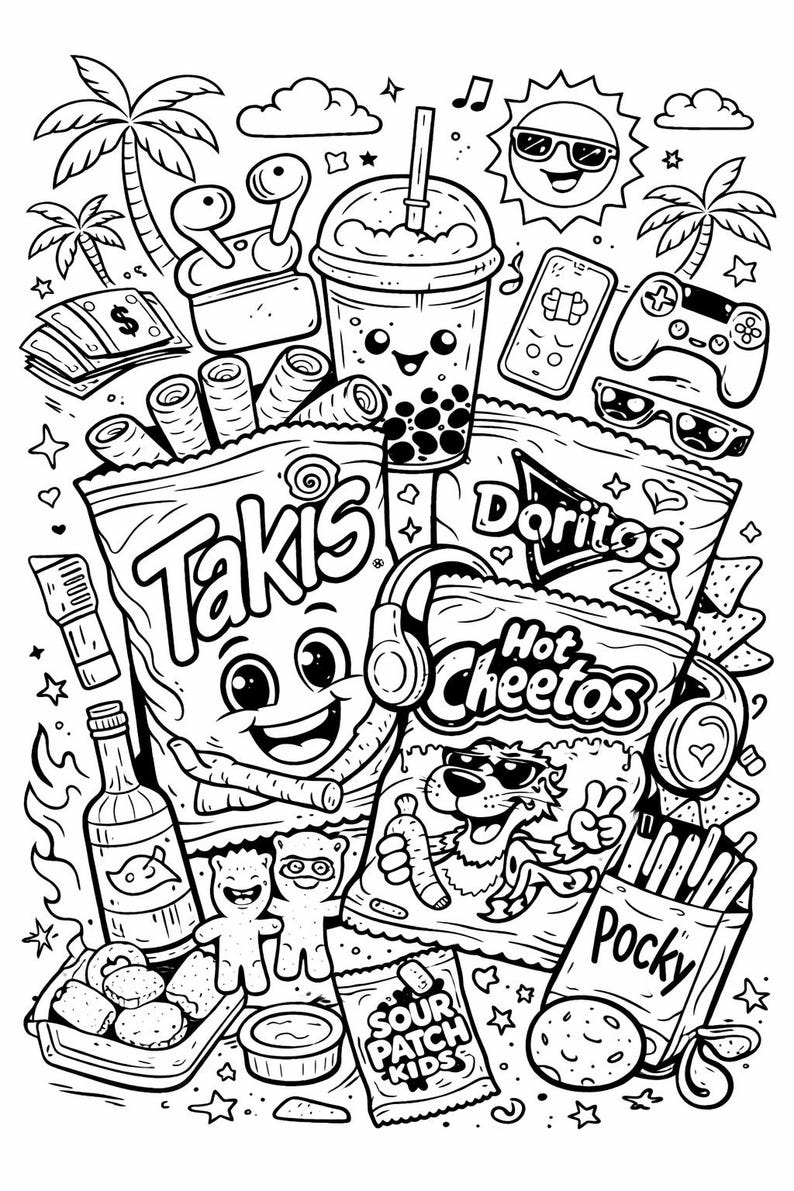 Trendy Snack Coloring Pages | Hot Chips, Takis, Chamoy Pickle (PDF ...