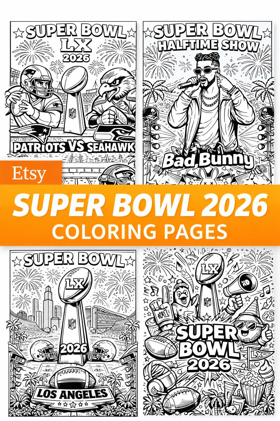 Super Bowl 2026 Coloring Pages | Halftime Show, Football Party (instant ...