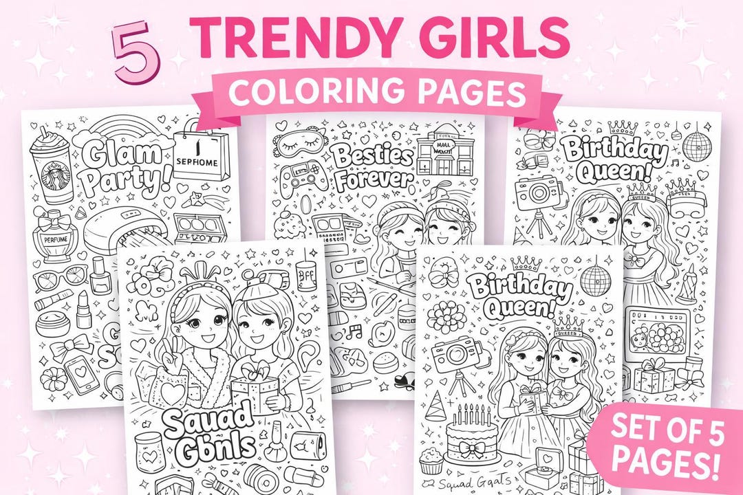 Trendy Girls Coloring Pages | Glam Party Birthday Activity (instant ...