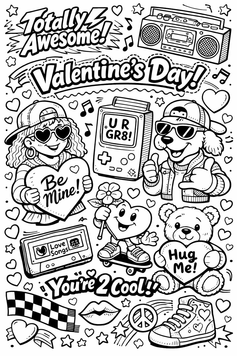 Retro Valentine's Day Coloring Pages | 90s Y2K Printable Activity ...
