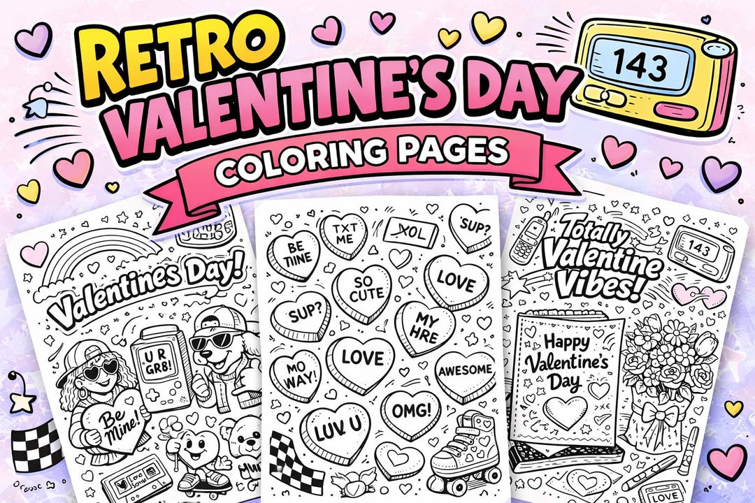 Retro Valentine's Day Coloring Pages | 90s Y2K Printable Activity ...
