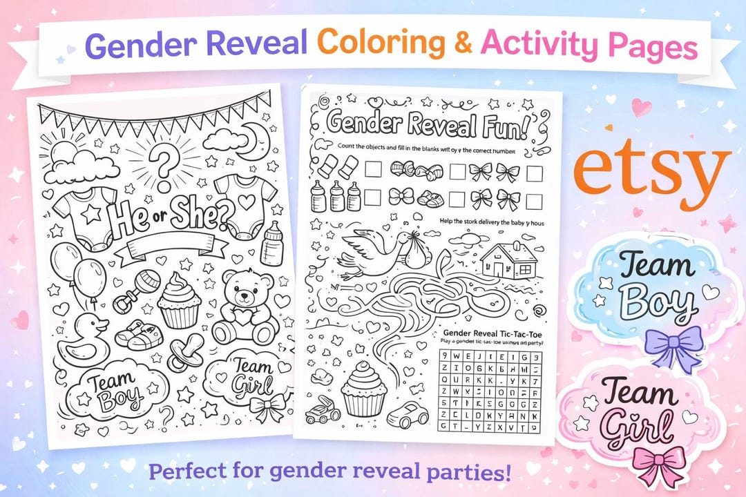 Gender Reveal Coloring Pages | Team Boy, Team Girl (instant Download ...