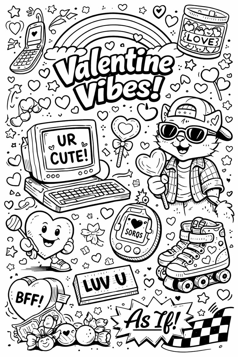Retro Valentine's Day Coloring Pages | 90s Y2K Printable Activity ...