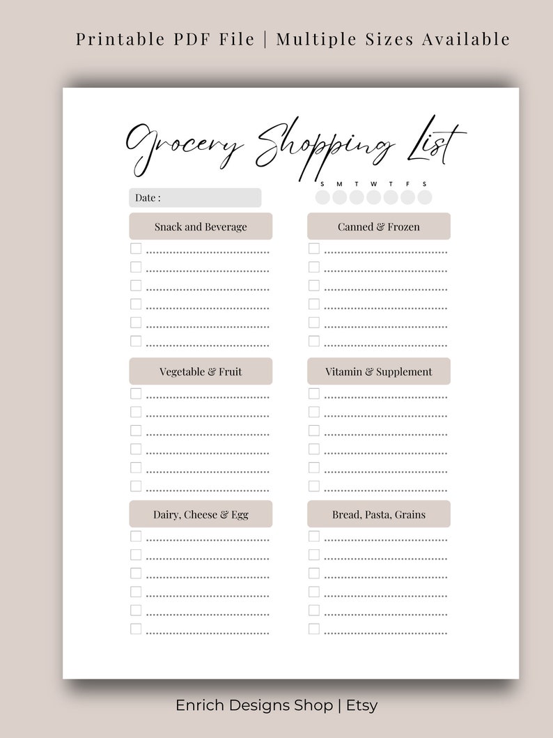 Grocery Shopping List Printable, Grocery List Template, Grocery List ...