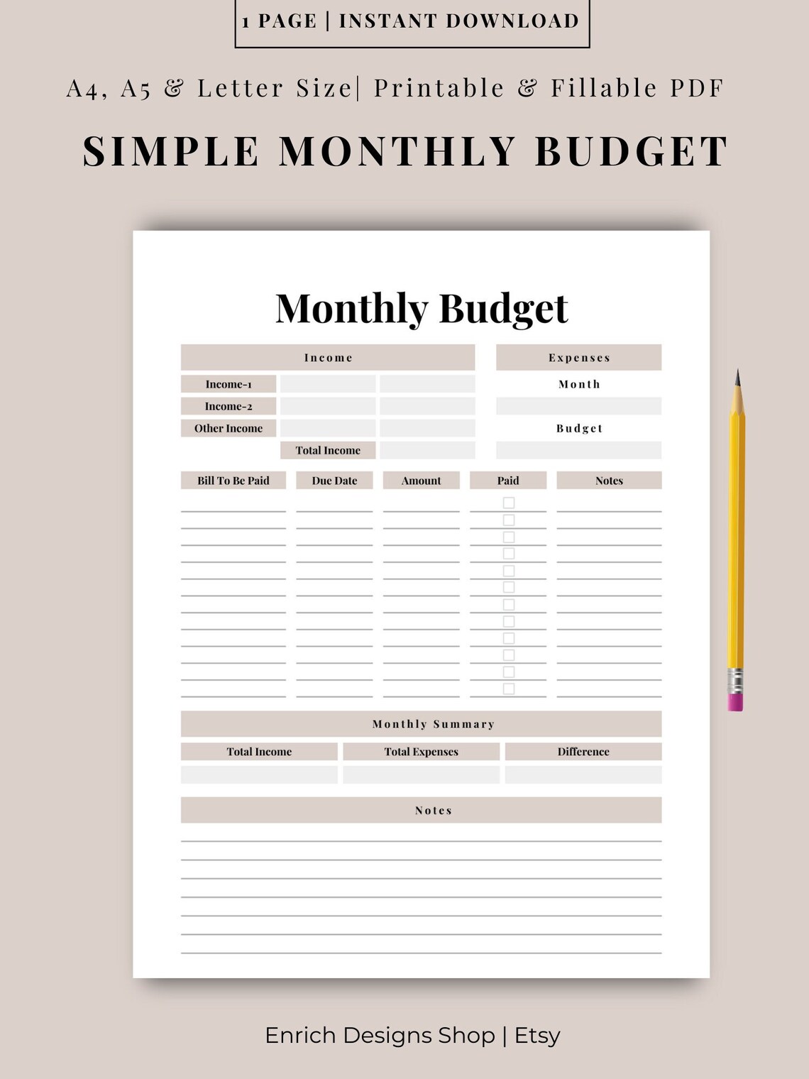 Simple Monthly Budget Template Printable | Budgeting | Budget Tracker ...