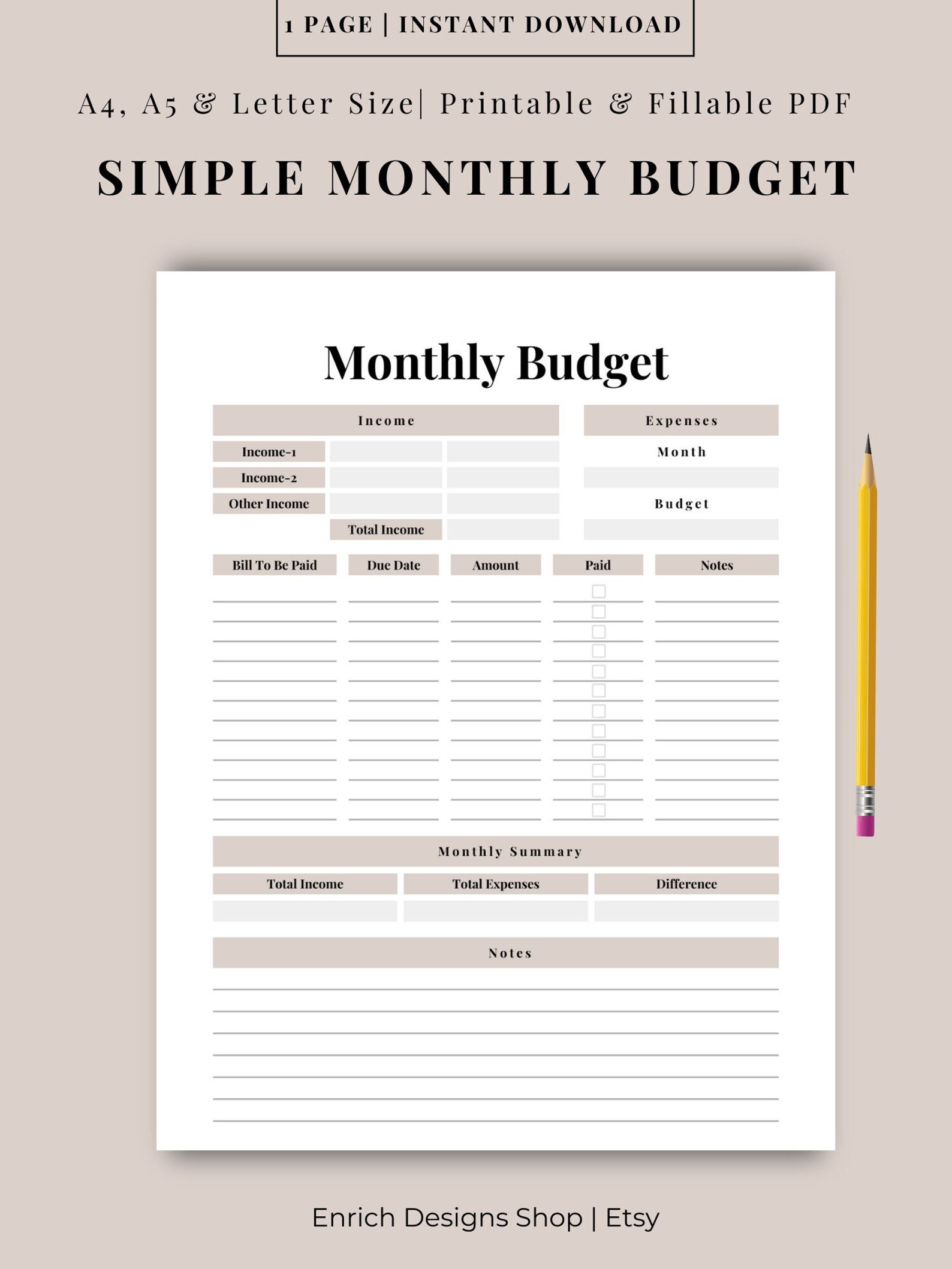 Simple Monthly Budget Template Printable | Budgeting | Budget Tracker ...