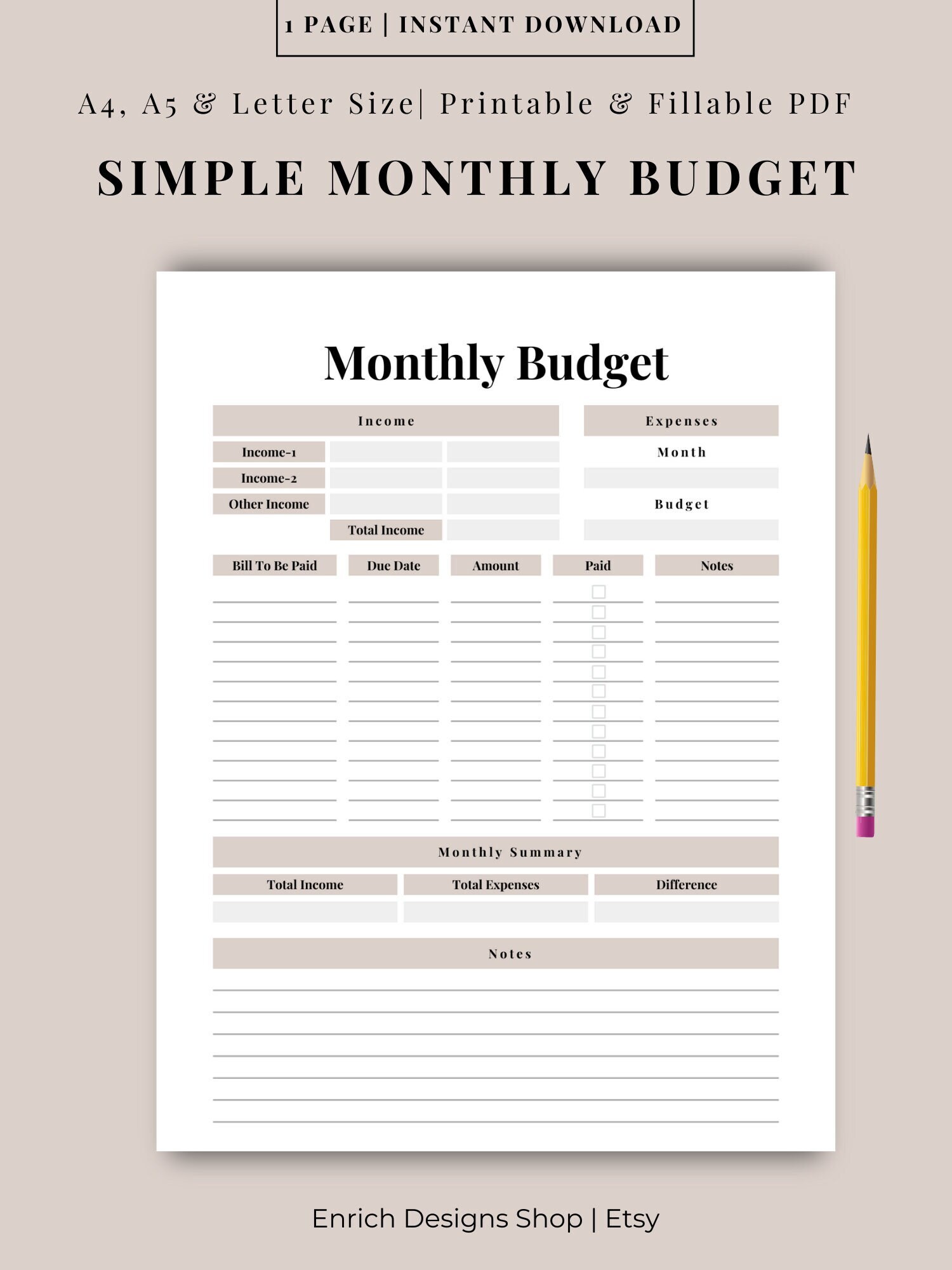 Simple Monthly Budget Template Printable | Budgeting | Budget Tracker ...