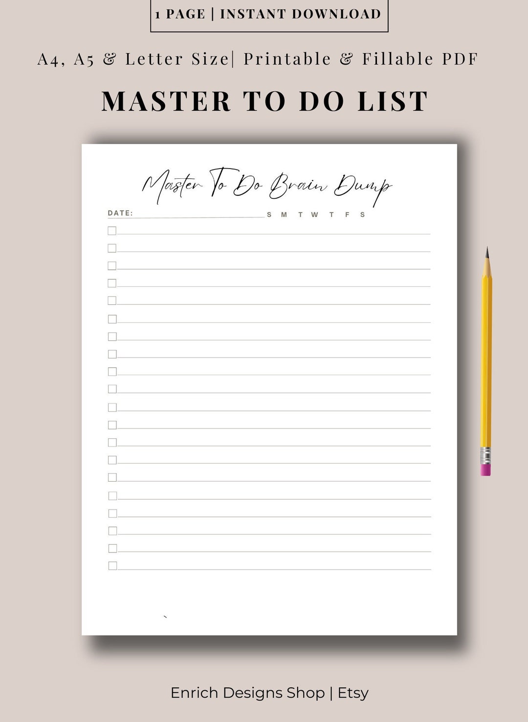 Master to Do List, Brain Dump List, to Do List, Daily to Do List ...