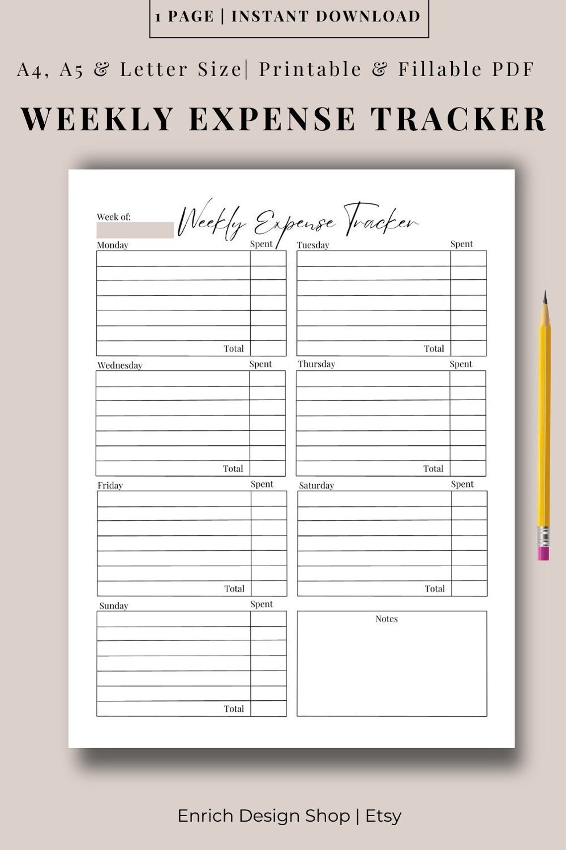 Weekly Spending Tracker, Expense Tracker, Expense Tracker Printable ...