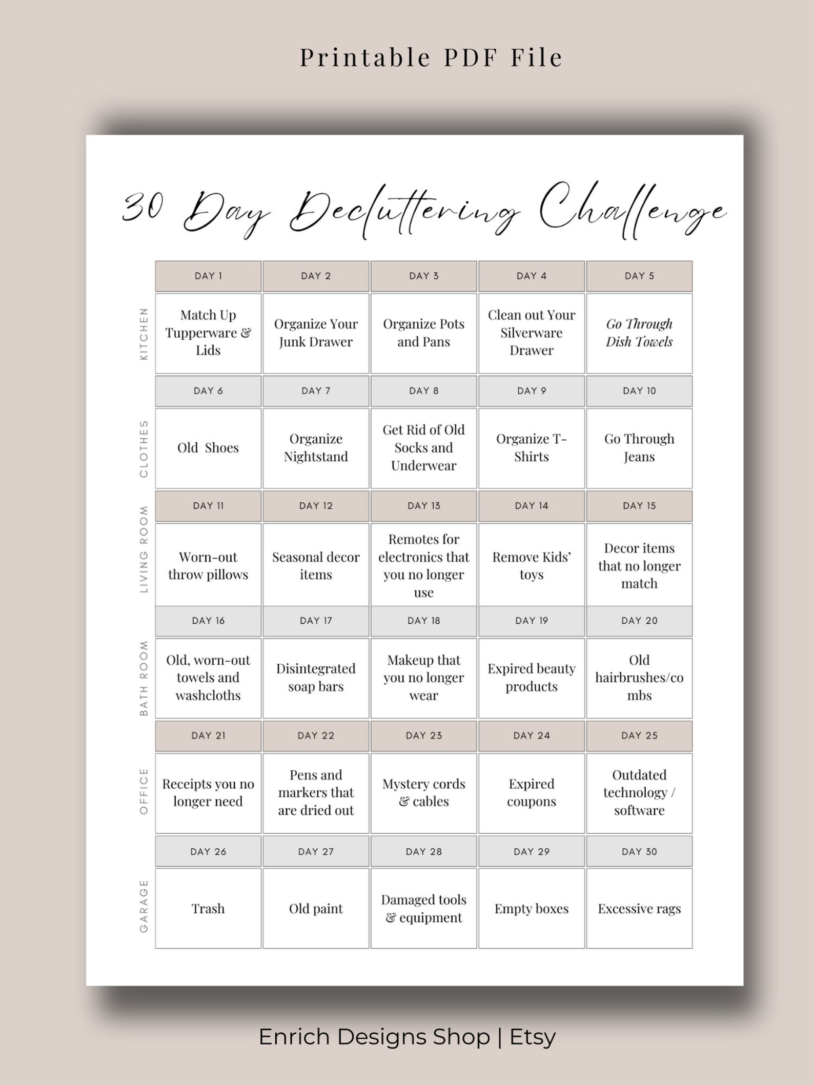 Decluttering Checklist Template, 30 Day Decluttering Checklist, 30 Day Decluttering Challenge ...