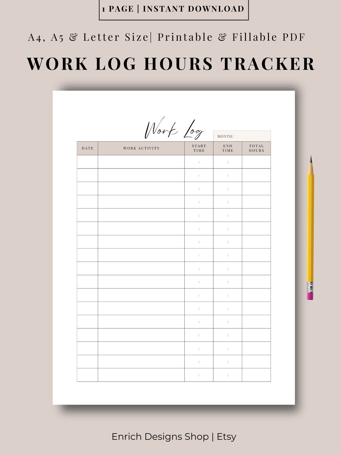 Daily Work Log Hours Tracker Printable, Work Log Template, Time Log ...