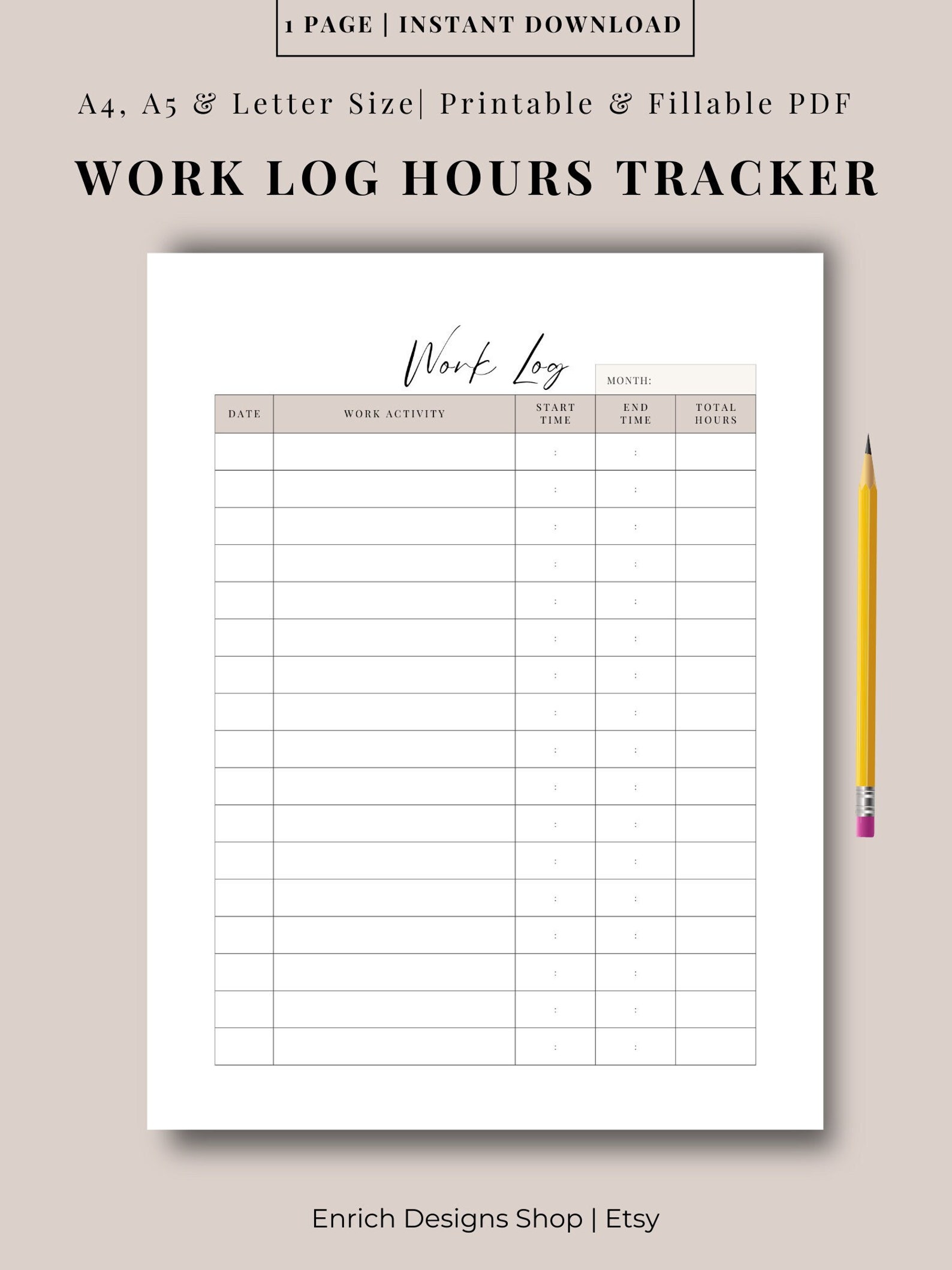 Daily Work Log Hours Tracker Printable, Work Log Template, Time Log, Time Tracker, Working Hours ...