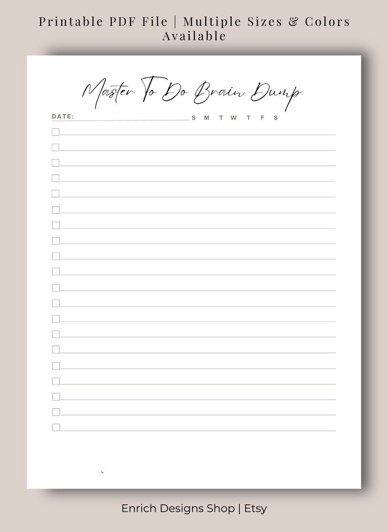 Master to Do List, Brain Dump List, to Do List, Daily to Do List ...