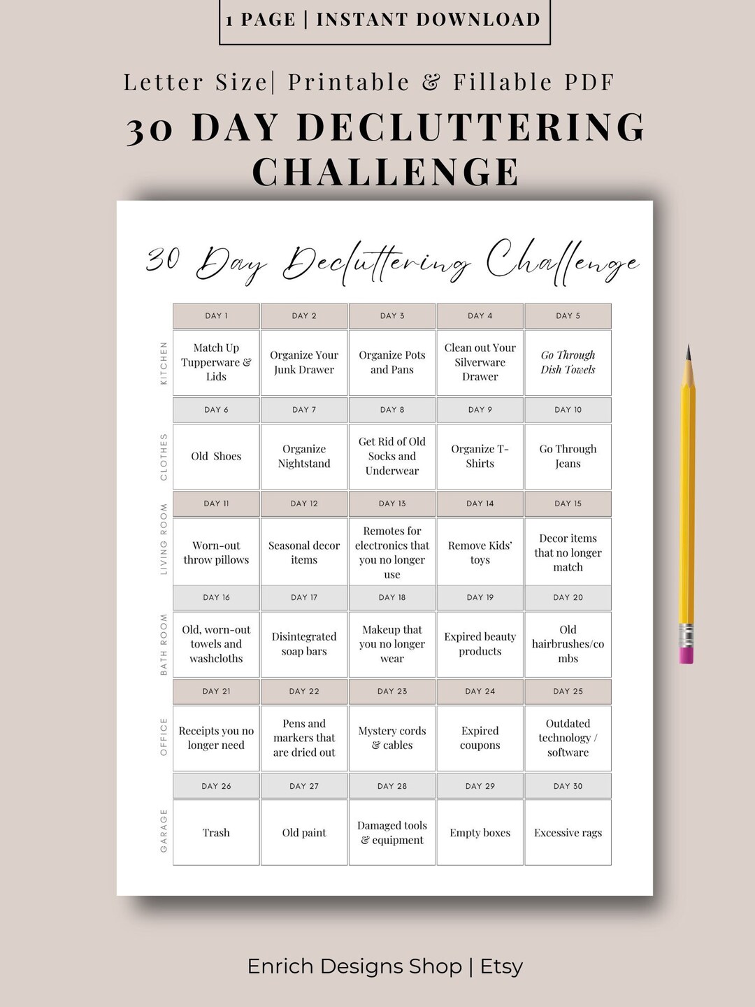 Decluttering Checklist Template, 30 Day Decluttering Checklist, 30 Day ...