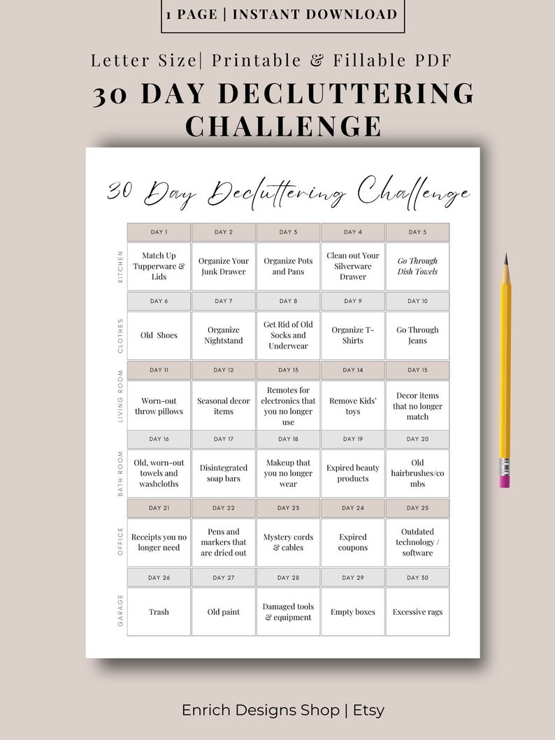 Decluttering Checklist Template, 30 Day Decluttering Checklist, 30 Day ...