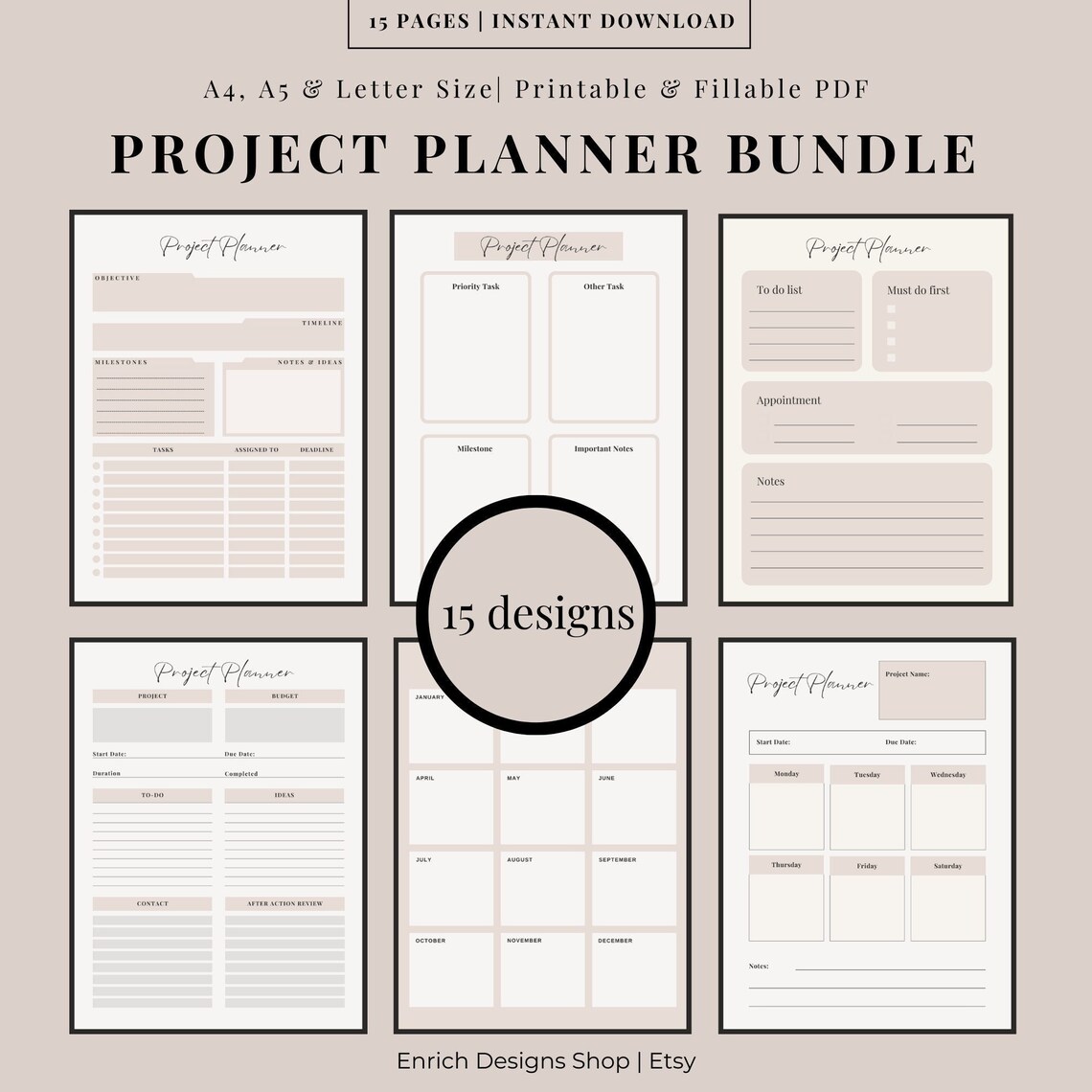 Project Management Templates Bundle, Project Planner Template, Project ...