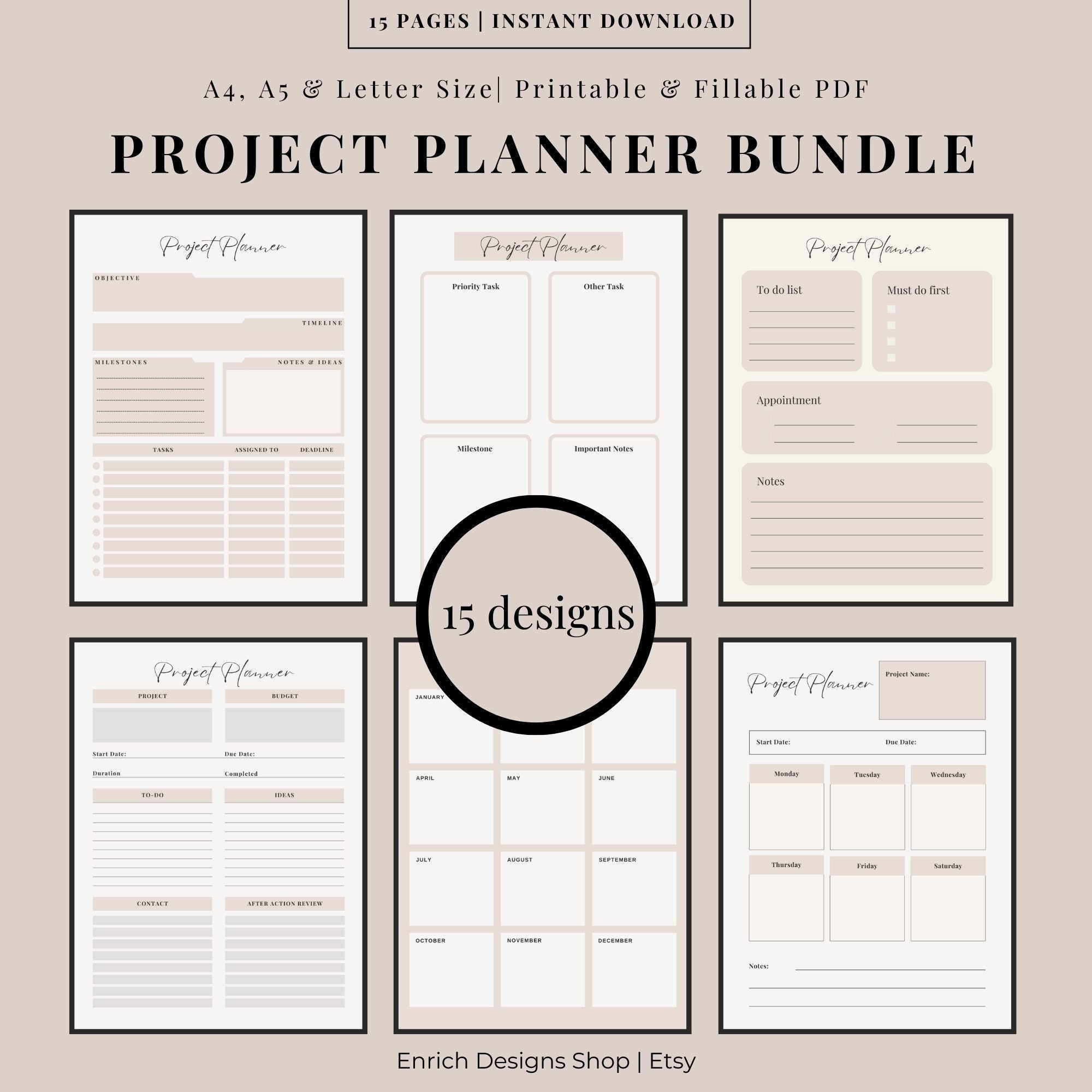 Project Management Templates Bundle, Project Planner Template, Project ...