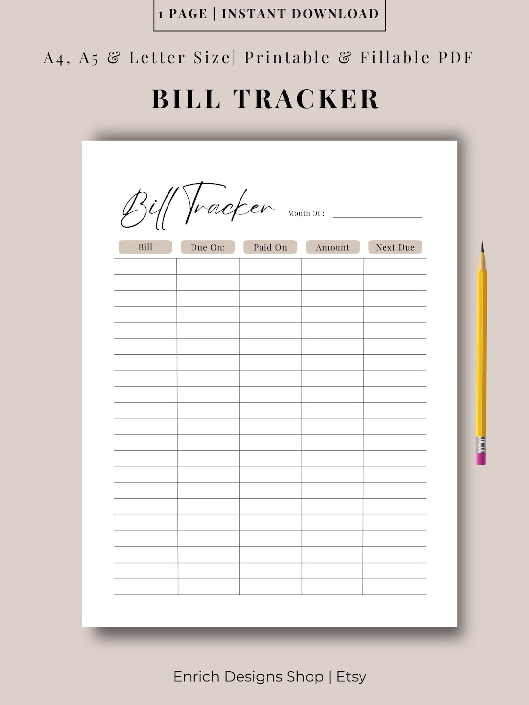 Bill Payment Tracker, Monthly Bill Log, Bill Tracker Printable ...