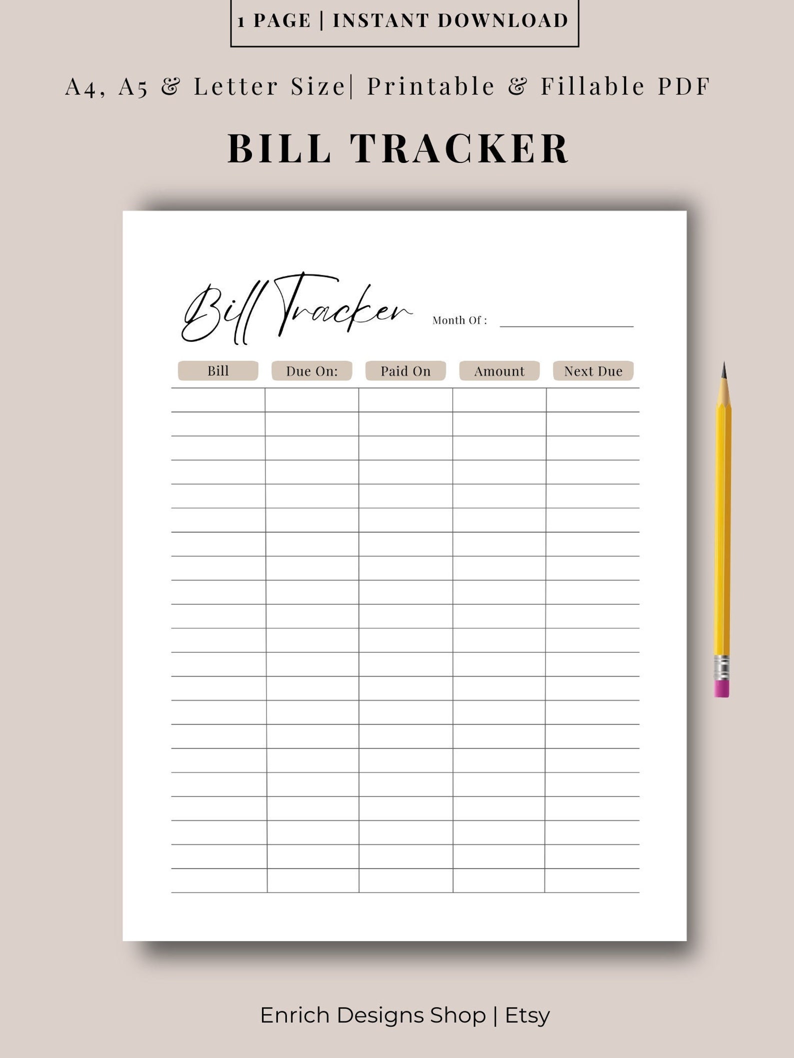 Monthly Bill Payment Tracker, Printable Finance Planner (PDF) - Etsy