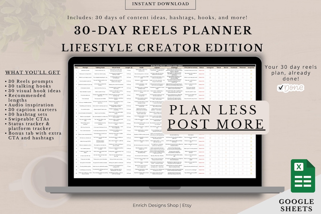 30-day Reels Planner for Lifestyle Creators | Content Calendar (google ...
