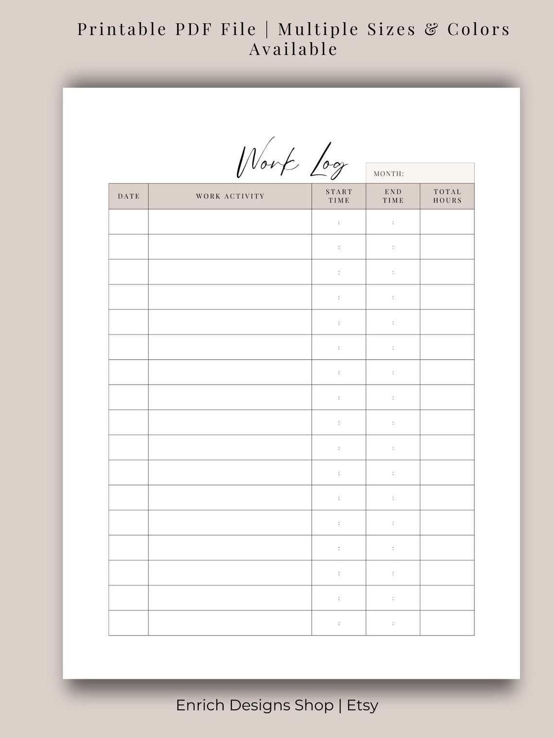 Daily Work Log Hours Tracker Printable, Work Log Template, Time Log ...