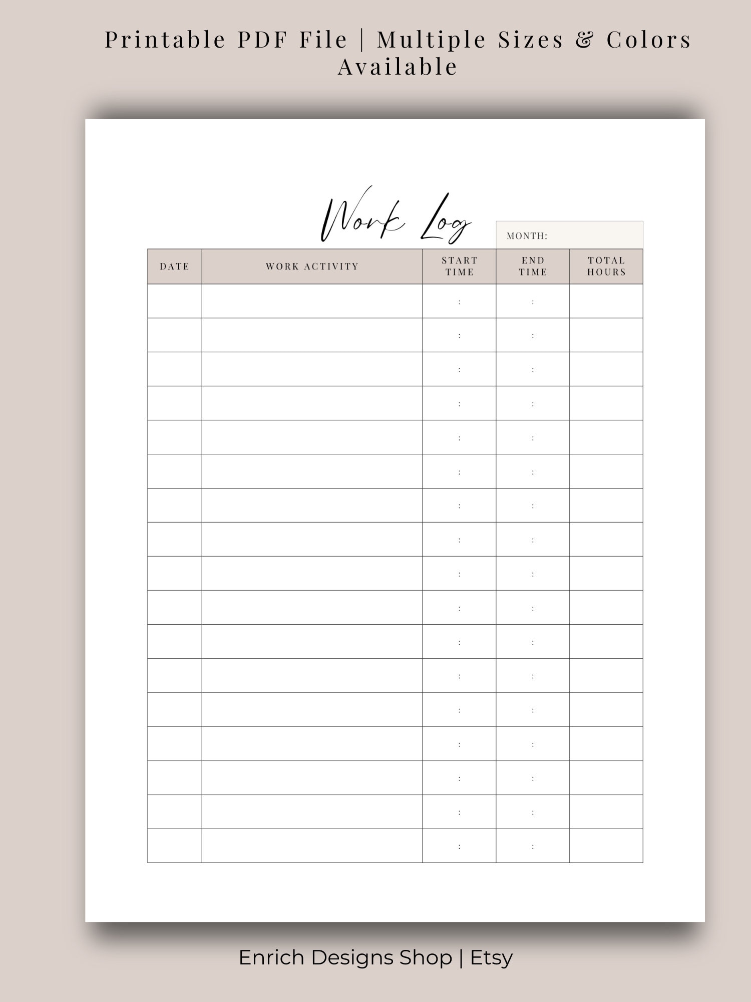Daily Work Log Hours Tracker Printable, Work Log Template, Time Log ...