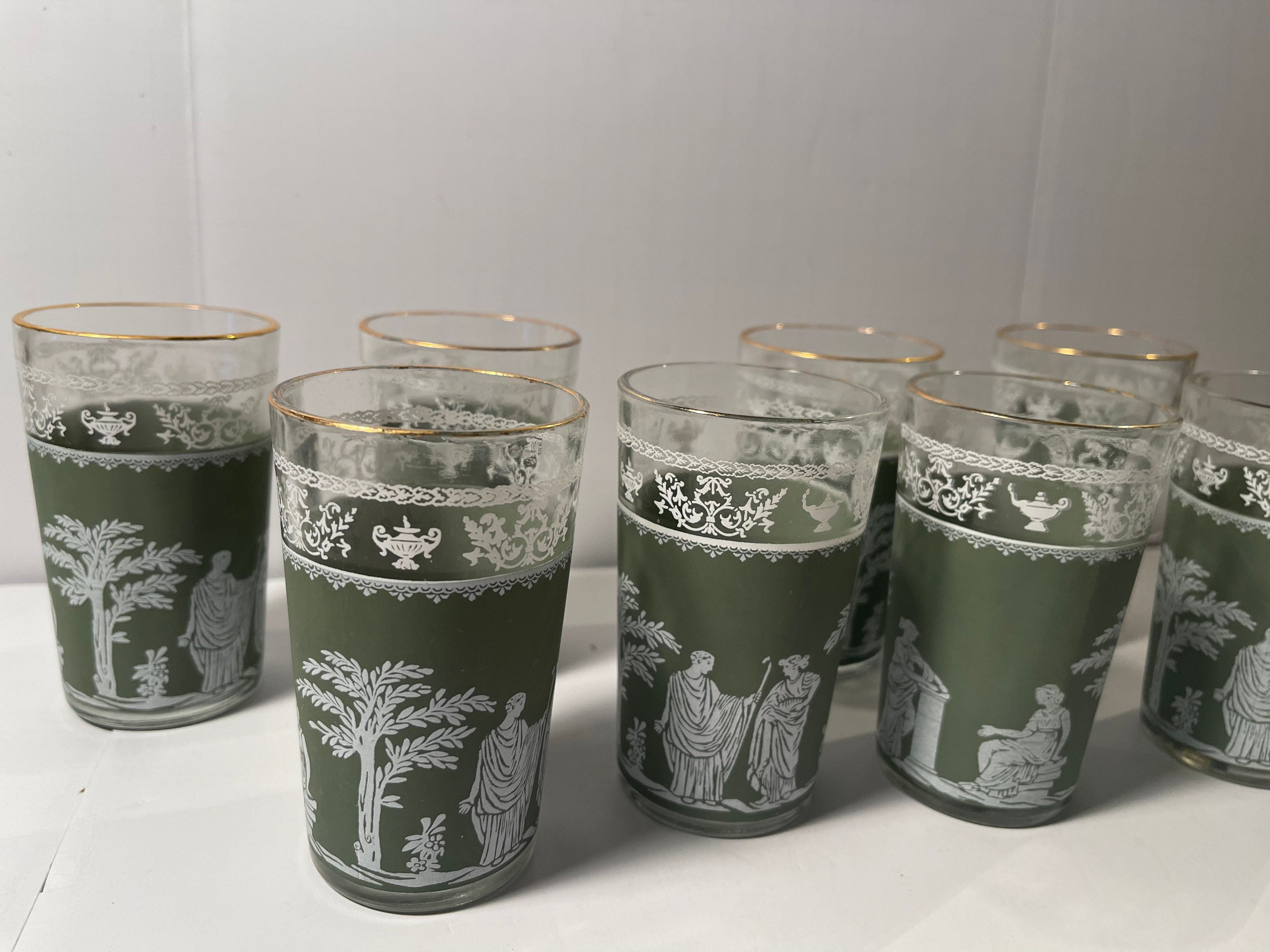 Set of 8 Vintage Ice Green Jeanette Jasperware Hellenic Pattern Juice ...