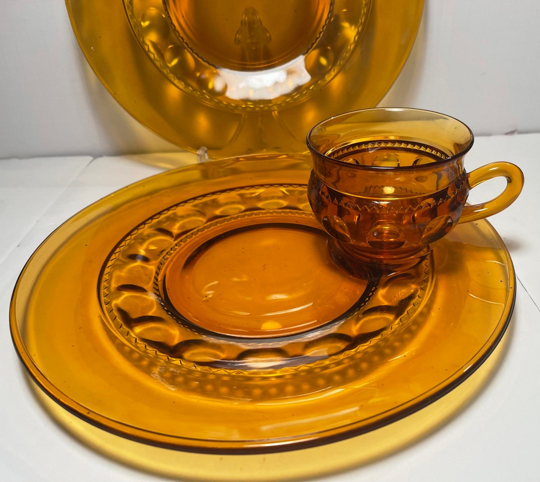 Amber Indiana Glass Kings Crown Thumbprint Luncheon Cup and Plate Set ...