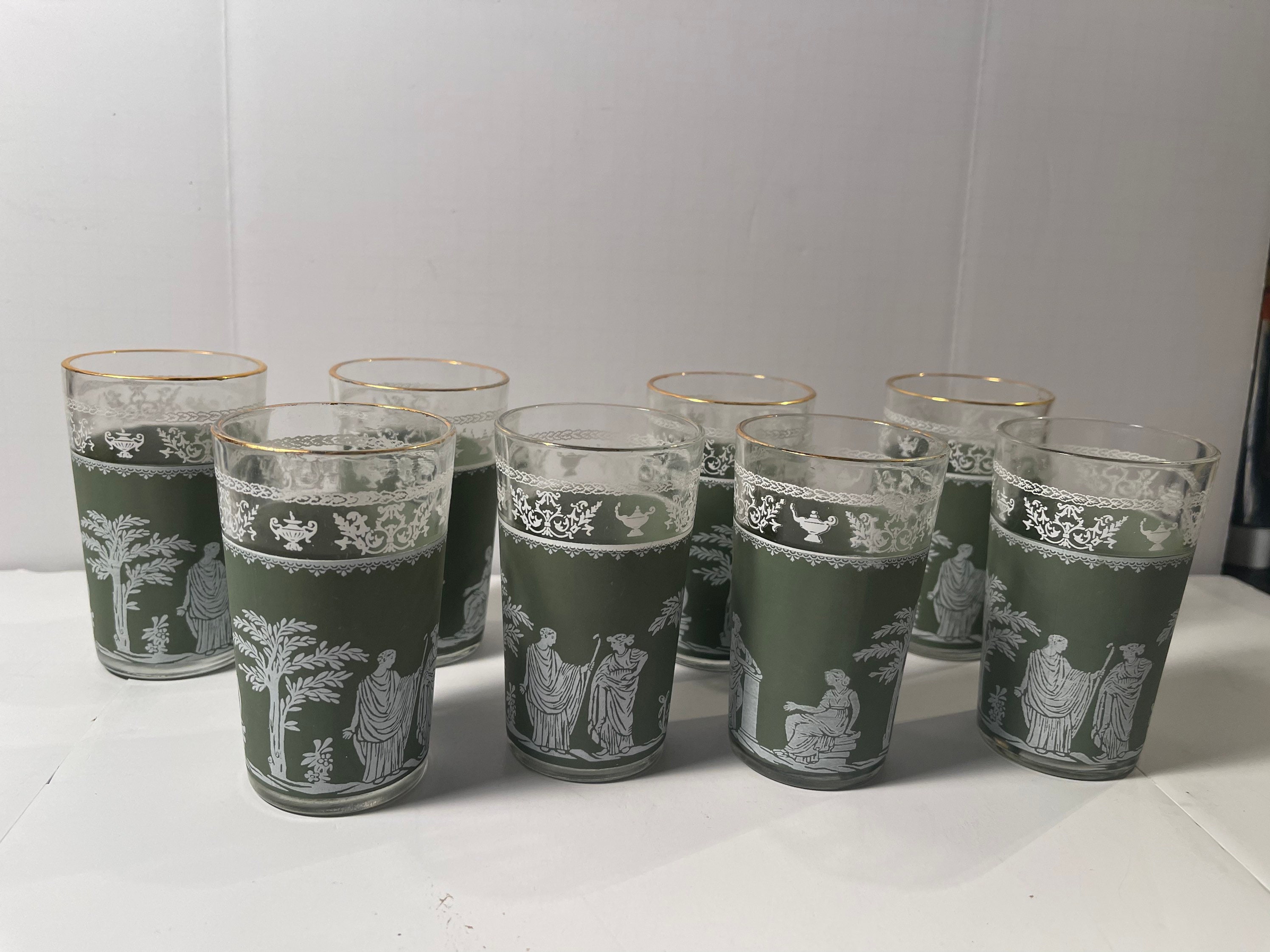 Set of 8 Vintage Ice Green Jeanette Jasperware Hellenic Pattern Juice ...