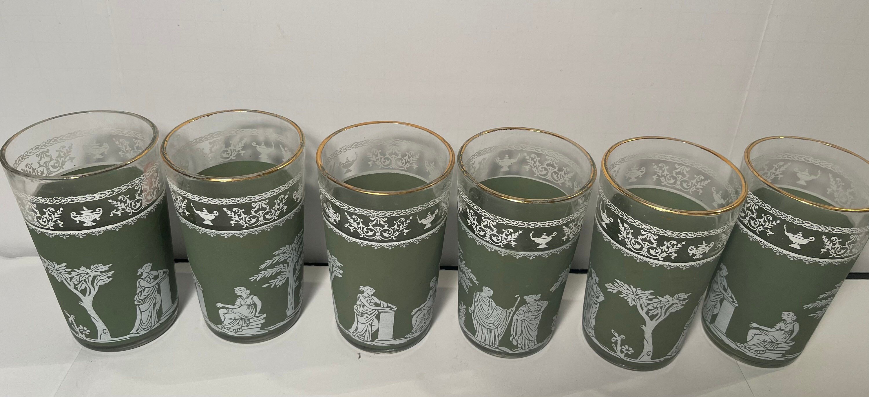 Set of 8 Vintage Ice Green Jeanette Jasperware Hellenic Pattern Juice ...