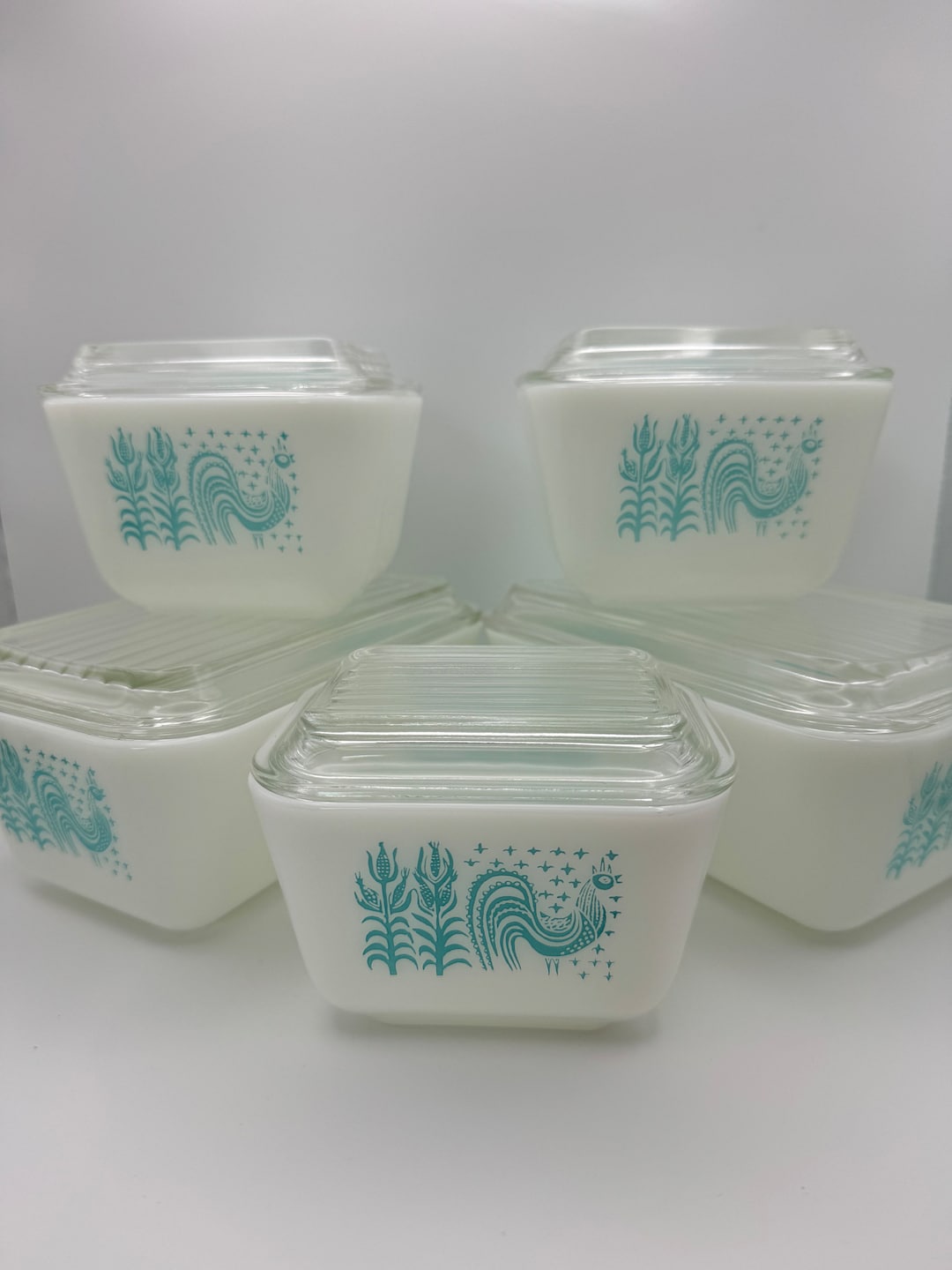Vintage Pyrex Amish Butterprint Rooster Refrigerator Dish Set - Aqua ...