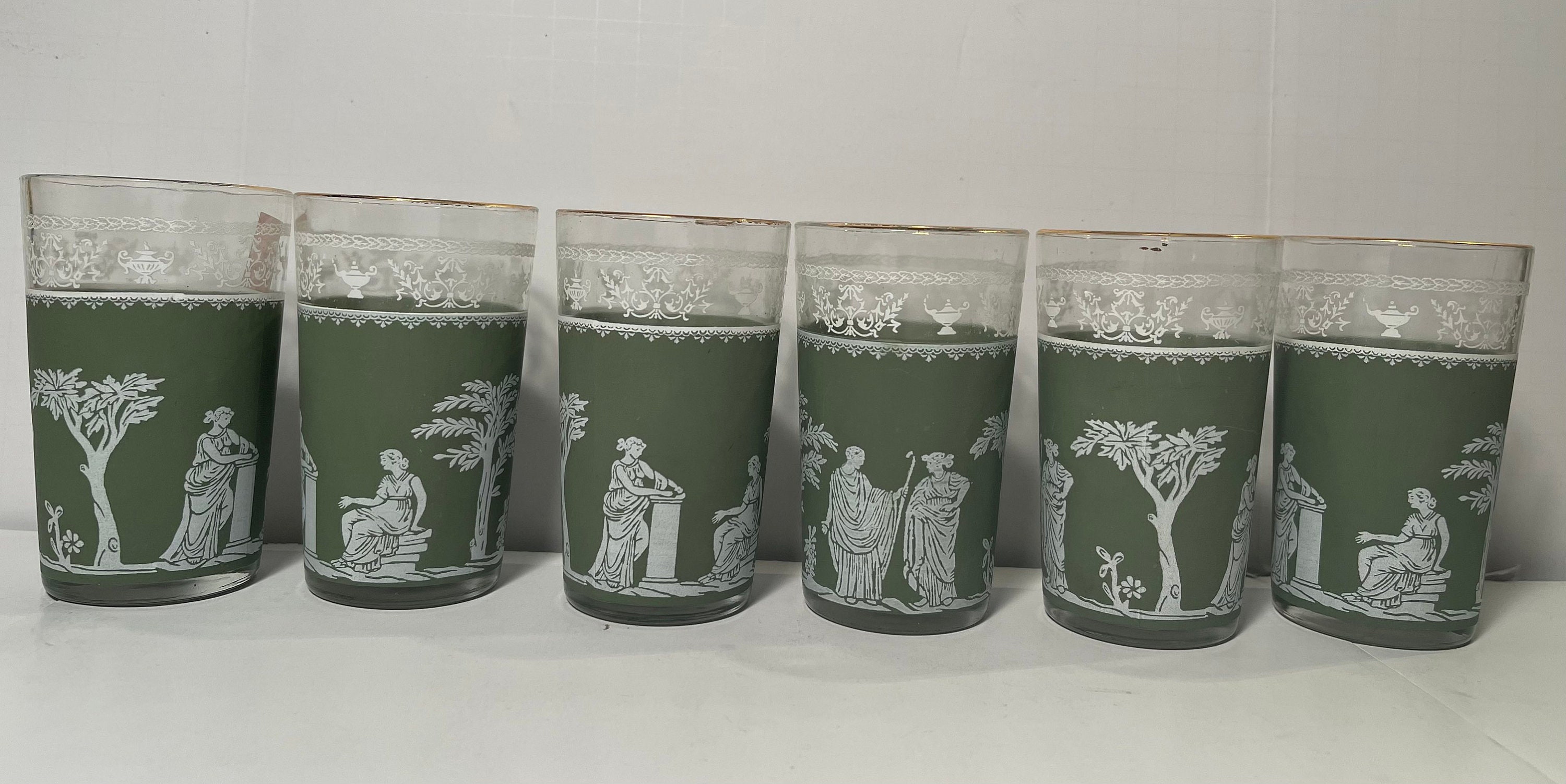 Set of 8 Vintage Ice Green Jeanette Jasperware Hellenic Pattern Juice ...