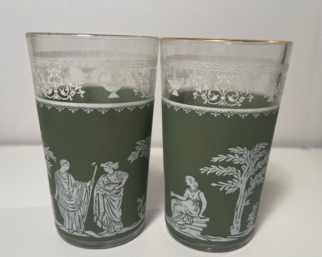 Set of 8 Vintage Ice Green Jeanette Jasperware Hellenic Pattern Juice ...