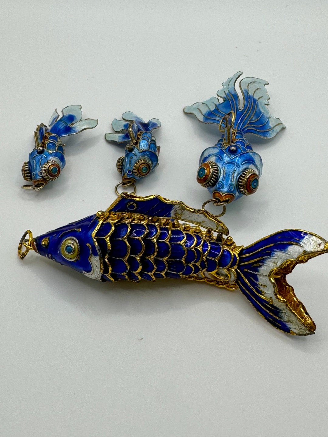 Vintage Chinese Cloisonne Articulated Fish Pendant. Hand Painted Enamel ...