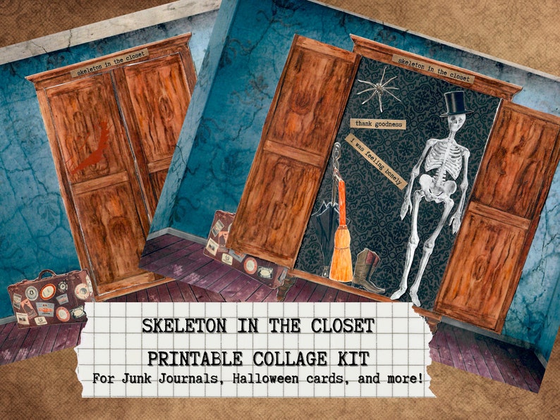 Skeleton in the Closet Printable Collage Kit Spooky Horror Halloween ...