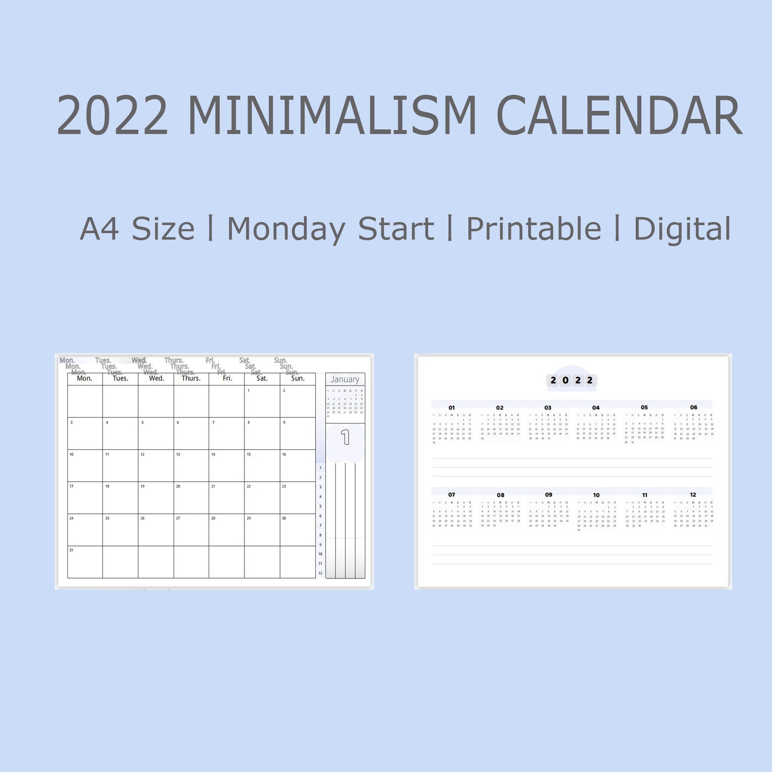 Minimalist Digital & Printable Calendar 2022 Dated Calendar Monthly ...