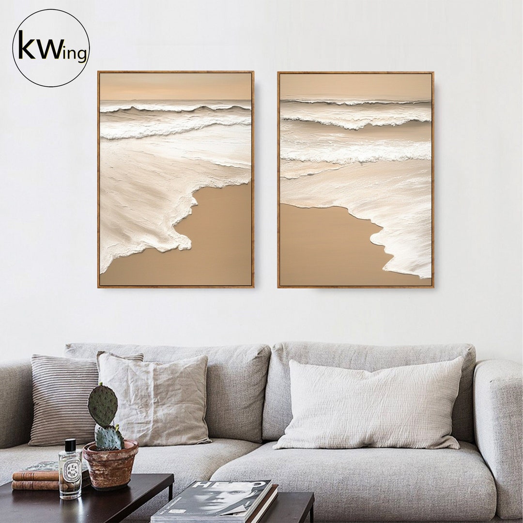 Set of 2 Beige White Beach Texture Painting,3d Seascape Textured Wall ...