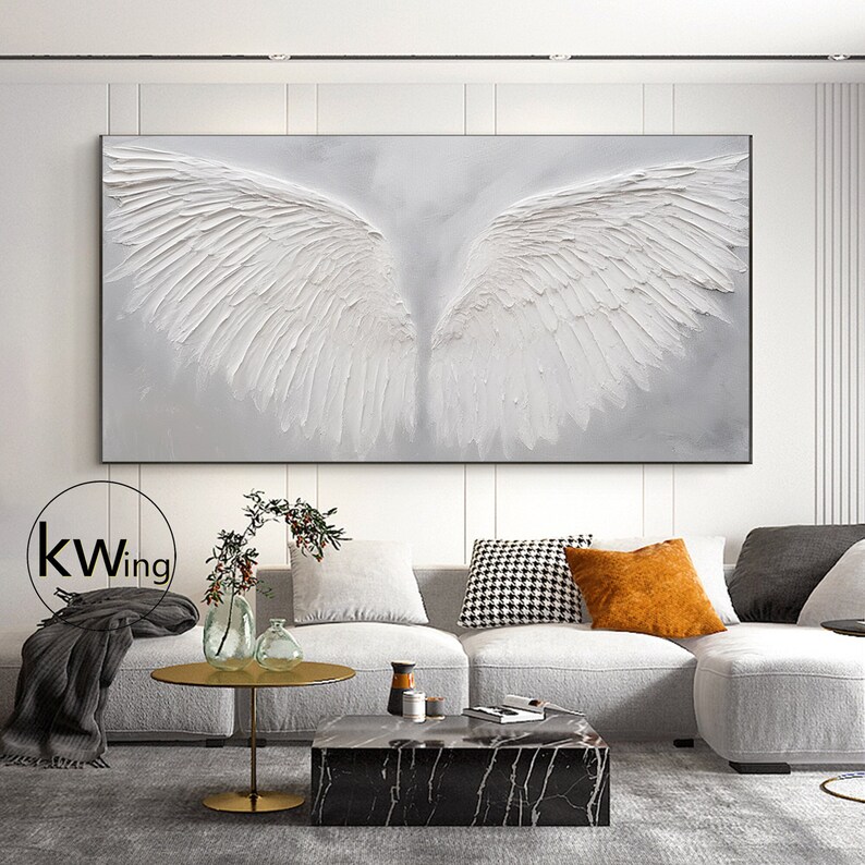 Large White Angel Wing Painting,angel Wings Textured Wall Art,white ...