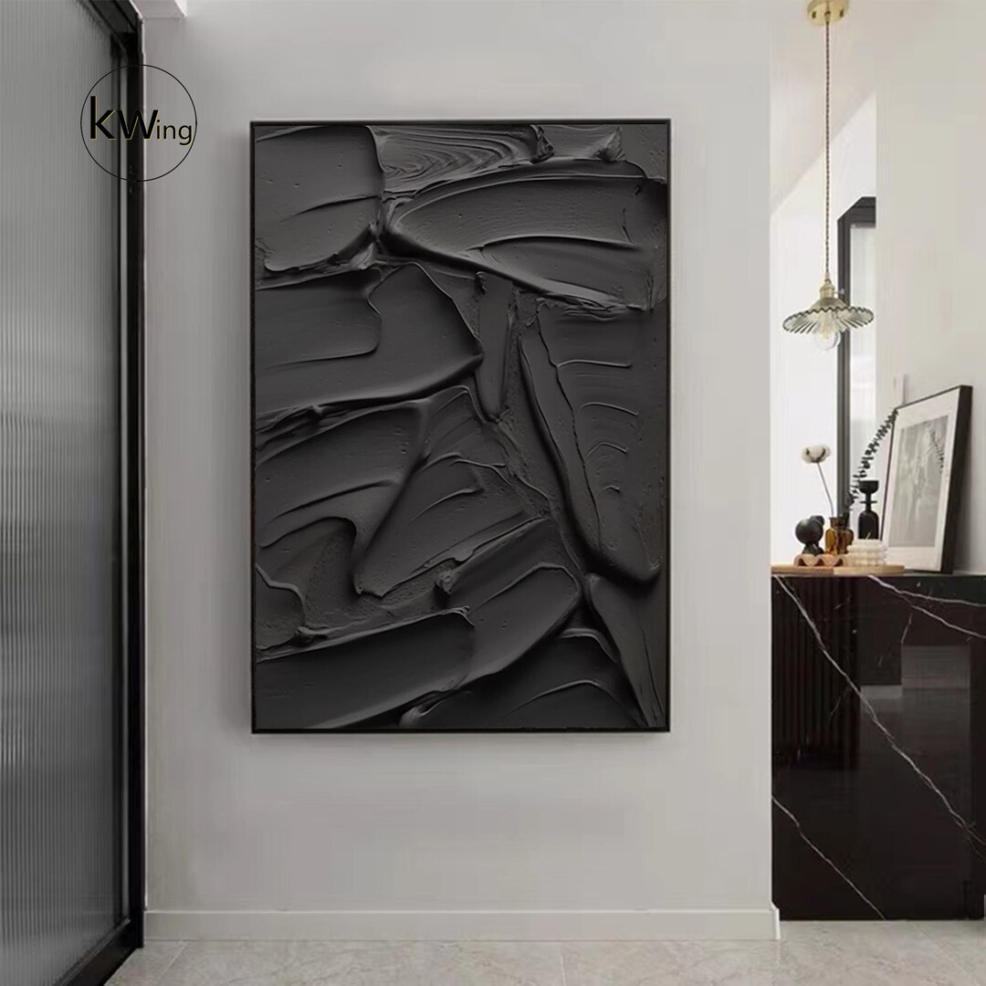 Large Black Textured Wall Art,black Plaster Texture Painting,3d Black ...