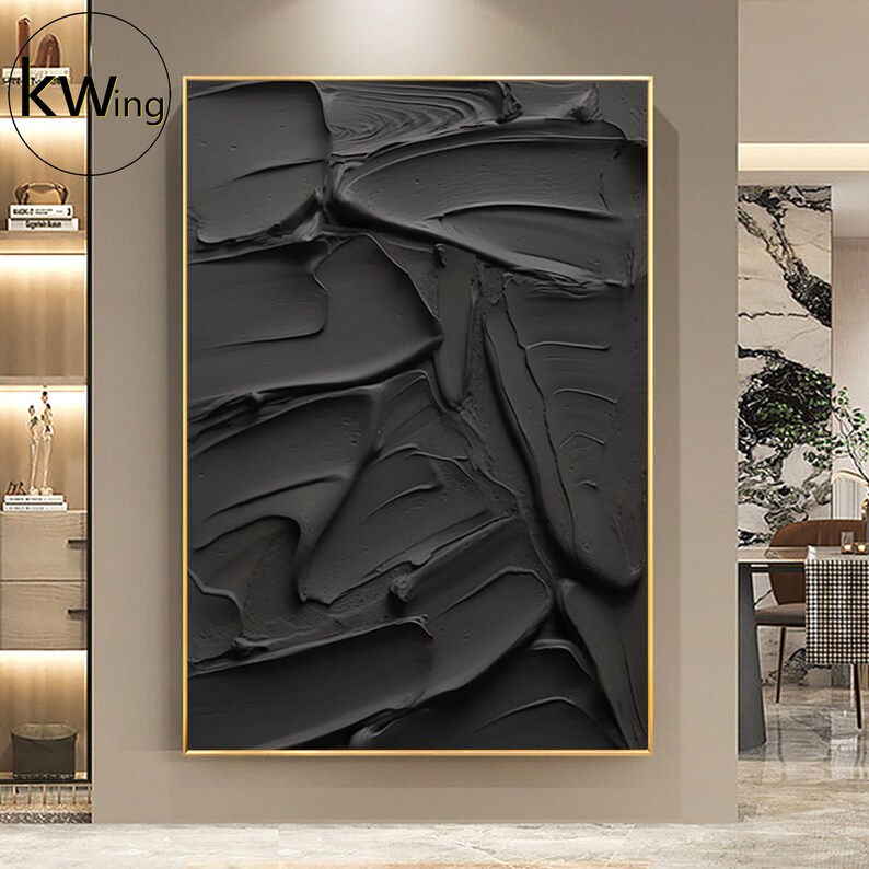 Large Black Textured Wall Art,black Plaster Texture Painting,3d Black ...