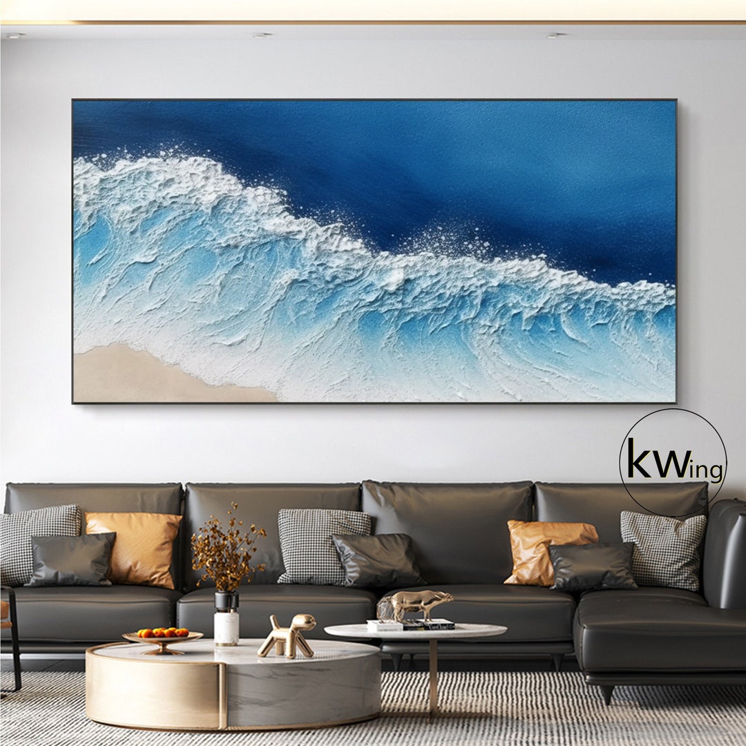 Large Blue Ocean Abstract Painting,3d Ocean Wave Texture Painting ...