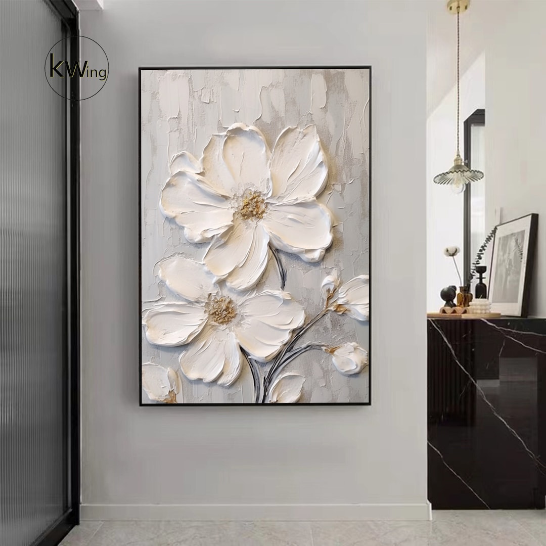 Large White Flower Abstract Painting,heavy Textured Flower Oil Painting on Canvas,3d Flower ...