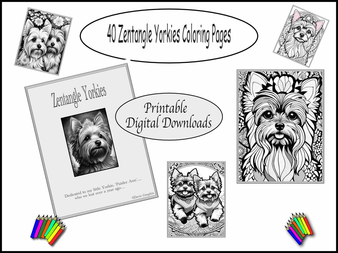 Printable Coloring Pages - 40 Zentangle Style Yorkies - Instant ...