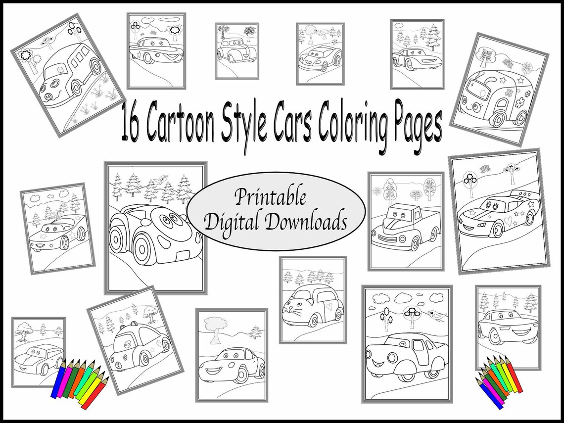 Kids Coloring Pages 16 Cartoon Style Vehicles With Different Scenes Car ...