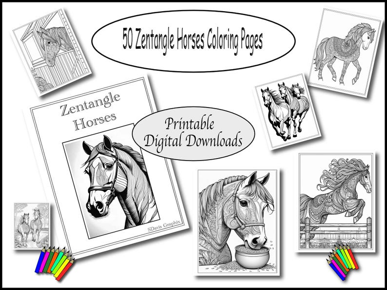Printable Coloring Pages - 50 Zentangle Style Horses - Instant Download ...
