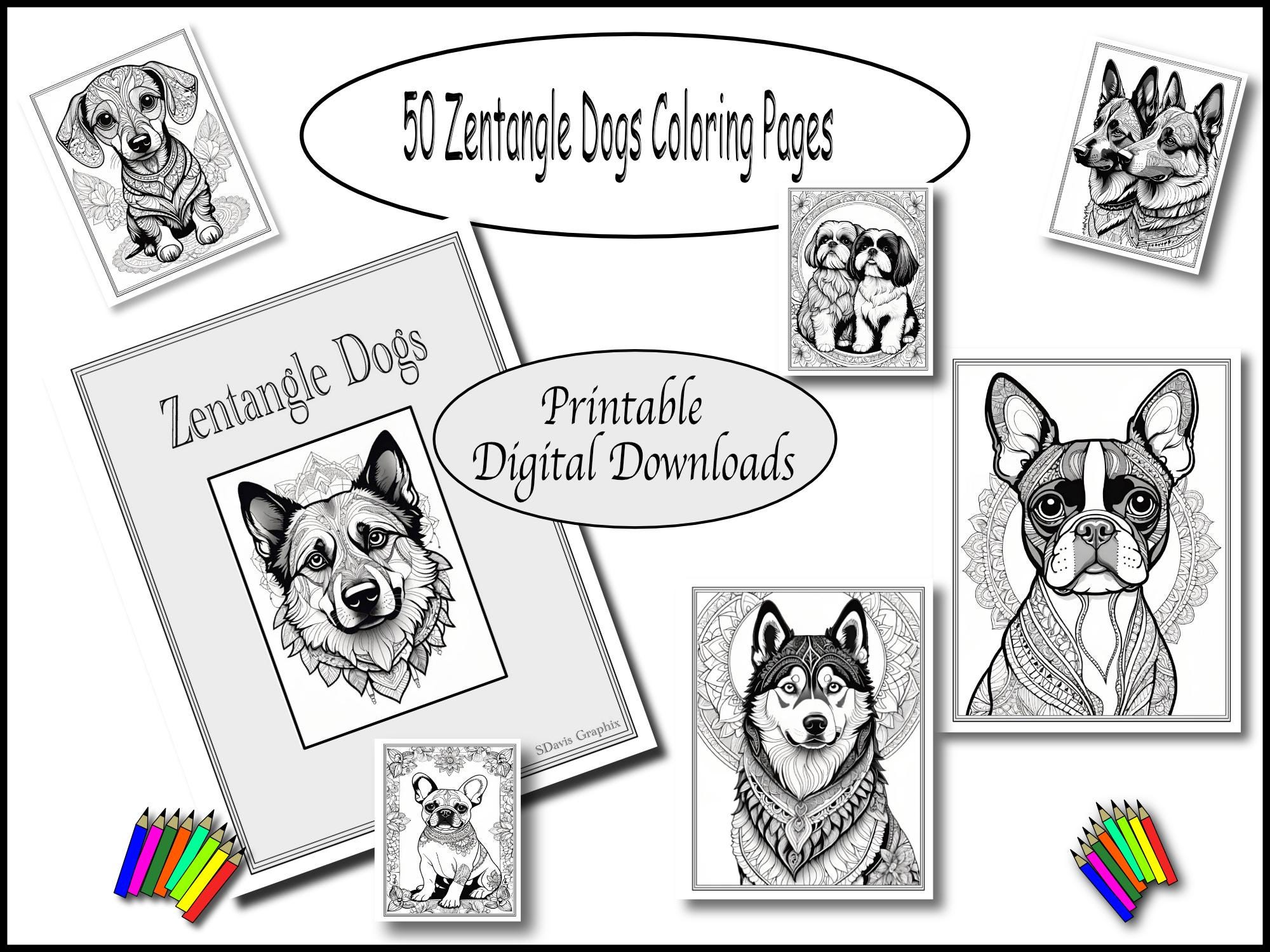 Printable Coloring Pages 50 Zentangle Style Dogs Assorted Breeds ...