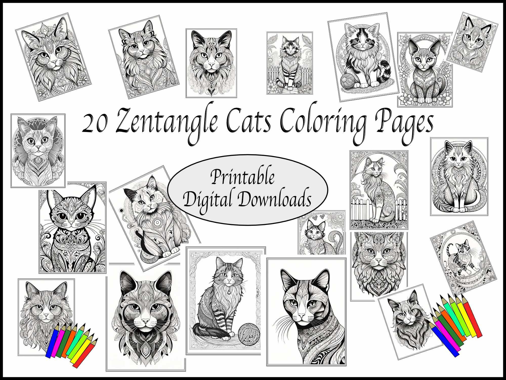 Printable Coloring Pages - 20 Zentangle Style Cats - Instant Download ...