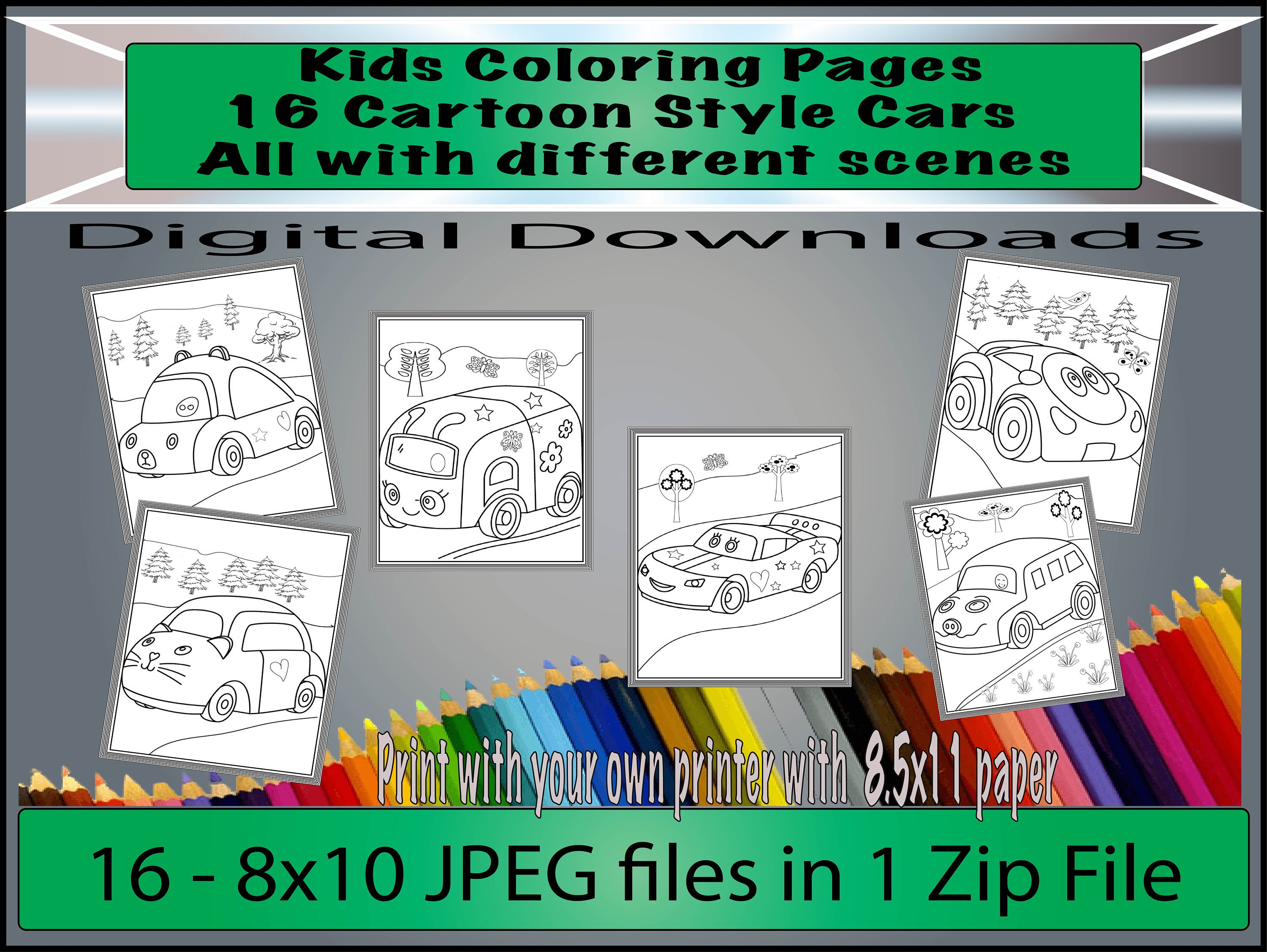 Kids Coloring Pages 16 Cartoon Style Vehicles With Different - Etsy