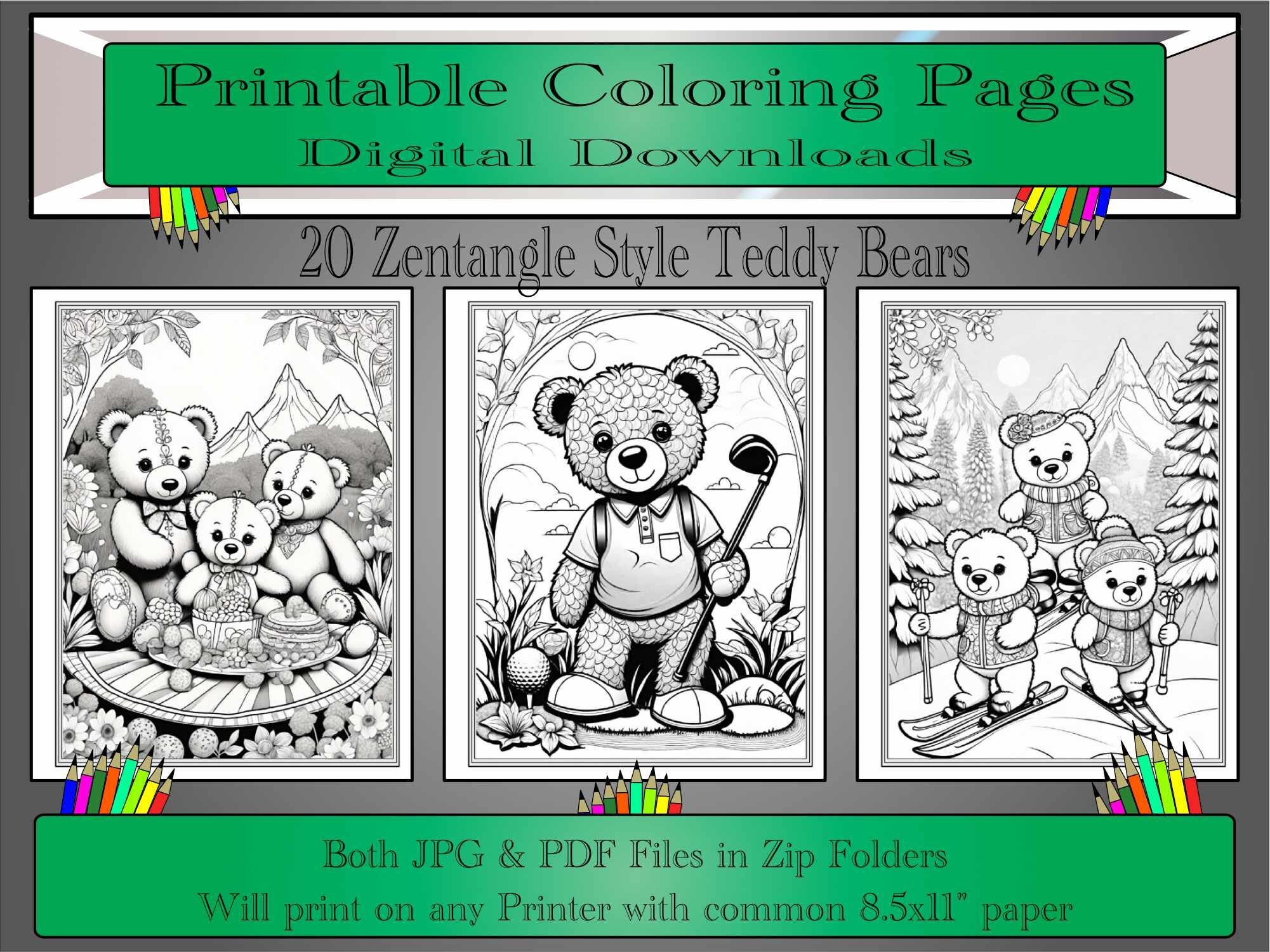 Printable Coloring Pages 20 Zentangle Style Teddy Bears Instant ...
