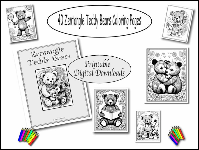 Printable Coloring Pages 40 Zentangle Style Teddy Bears Instant ...